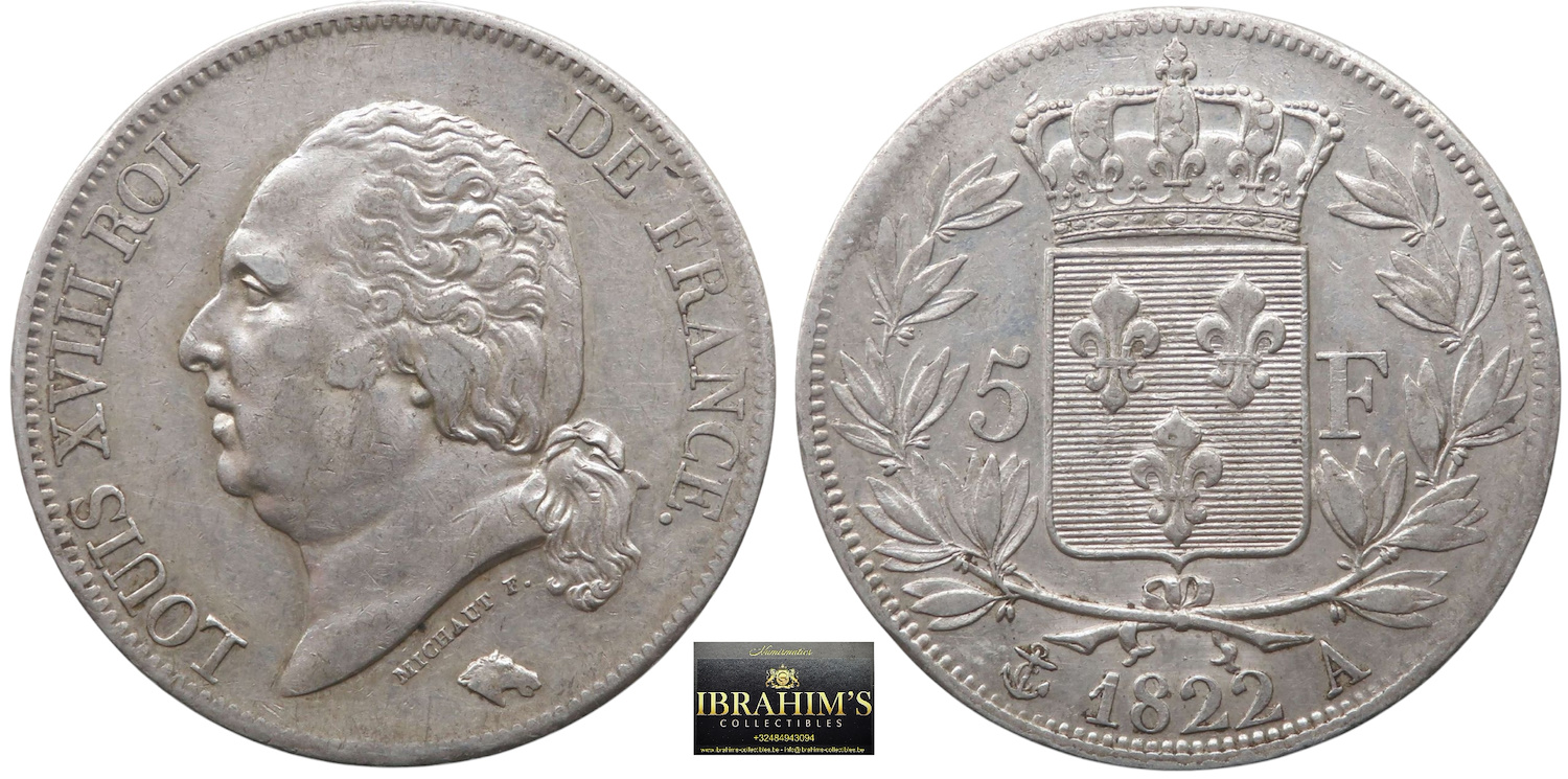 France – 5 francs 1822 A-XF + / Silver 900 – 24,9 gram – 37 mm – Louis ...