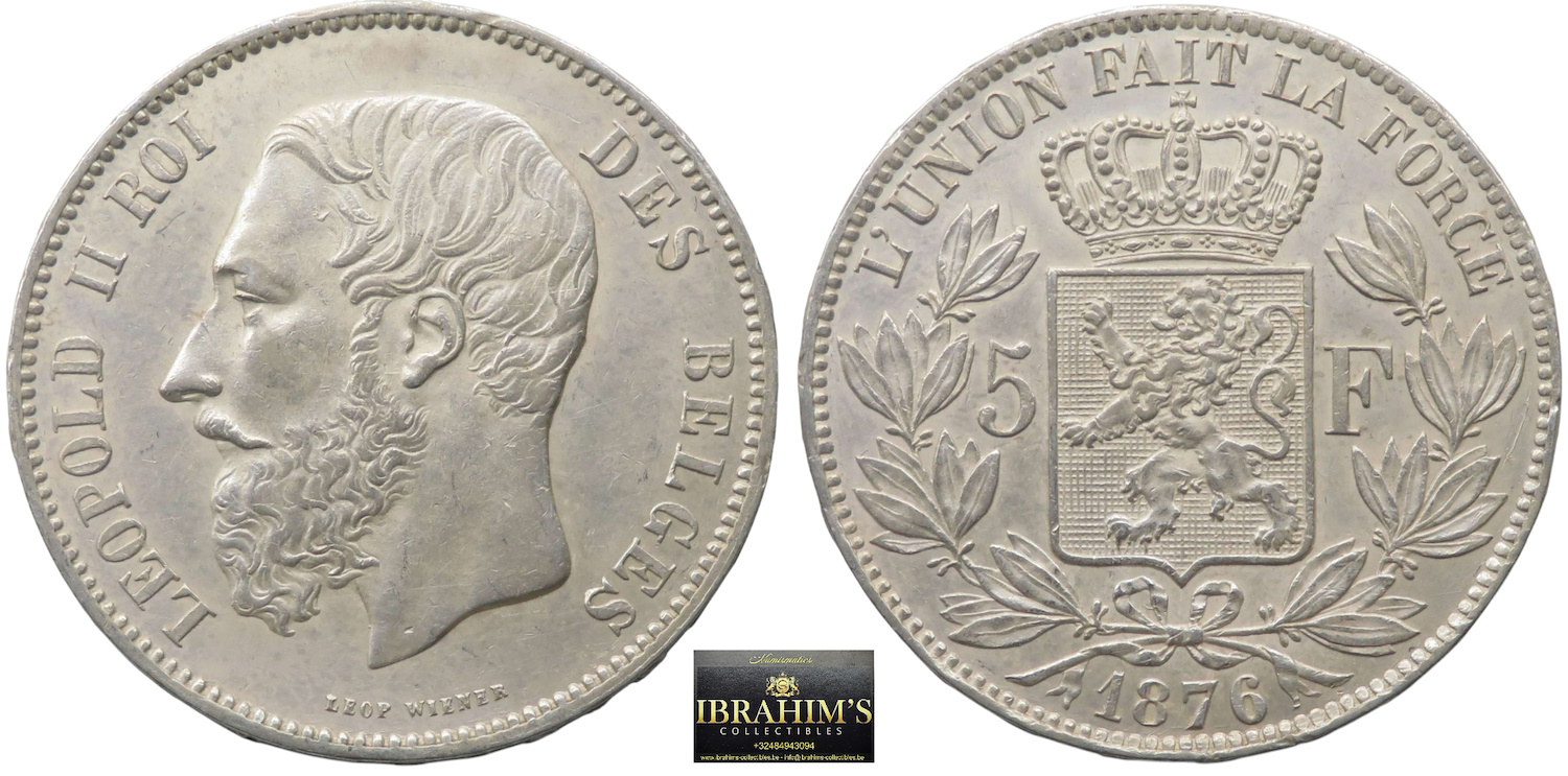Belgium – 5 francs 1876-AU / Silver 900 – 25,06 gram – 37 mm – Leopold ...