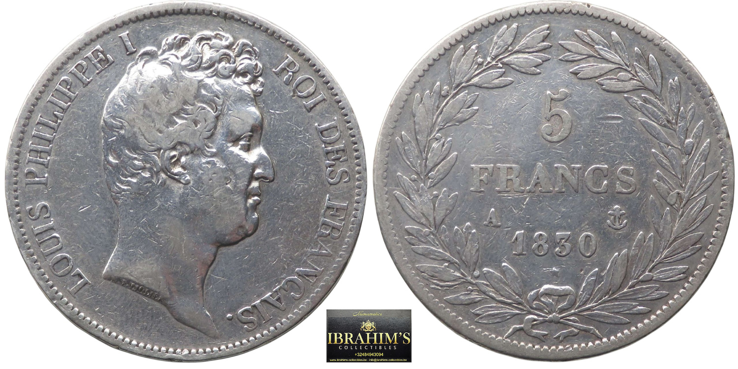 France – 5 francs 1830 A-VF / Silver 900 – 24,51 gram – 37 mm – Louis ...