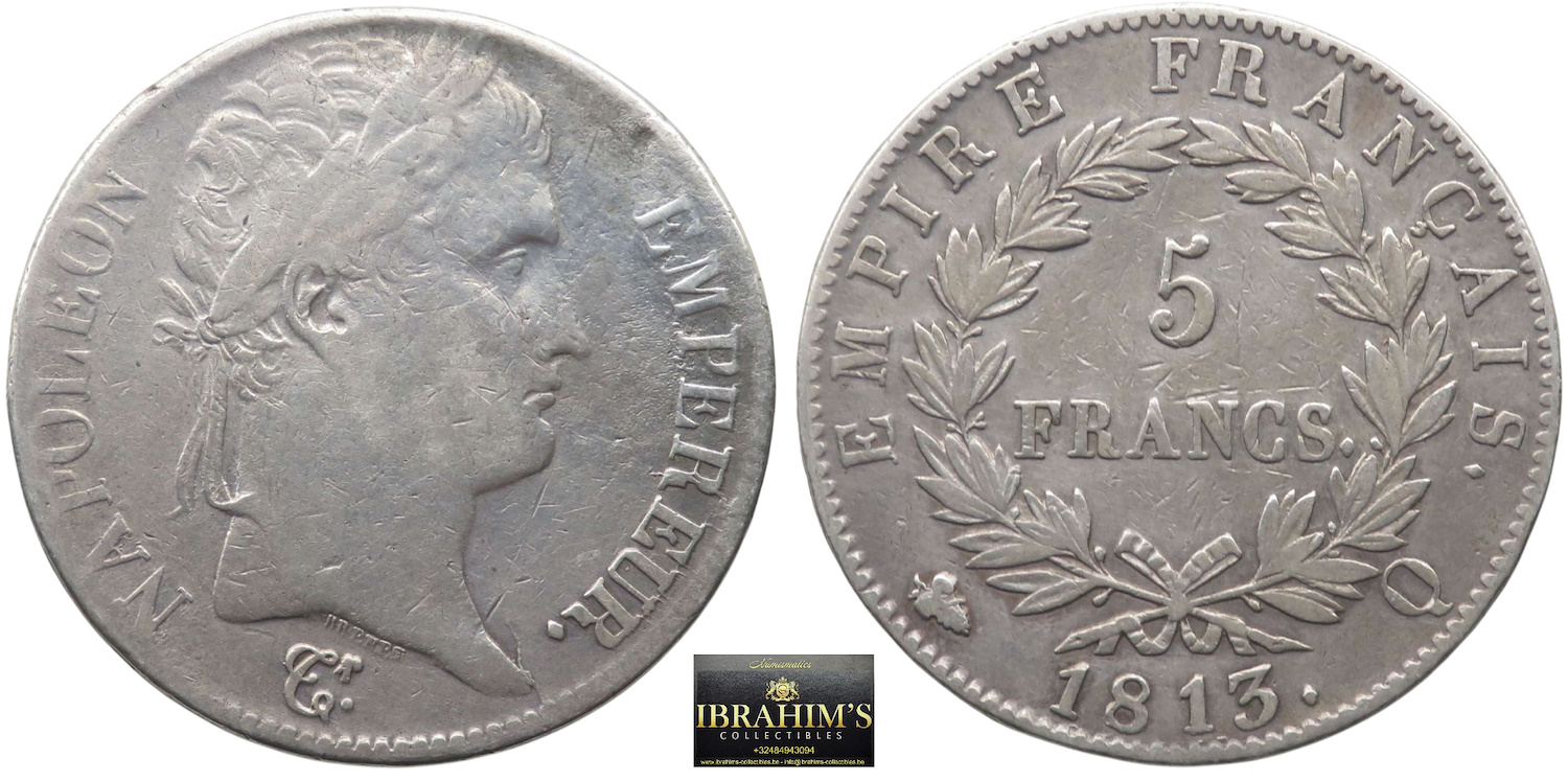 France – 5 francs 1813 Q-VF / VF + / Silver 900 – 24,80 gram – 37 mm ...